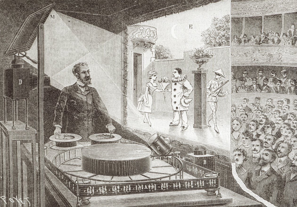 The Theatre Optique and its inventor Emile Reynaud (1844-1918) with a scene from Pauvre Pierrot ...